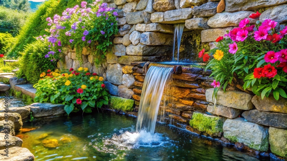 Sparkling crystal-clear spring water flows gently from a rustic stone ...