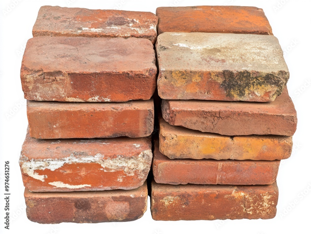 This image shows a close-up of vintage red bricks neatly stacked in two ...