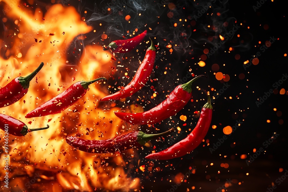 Spicy hot chili red peppers flying through fire flames against dark ...