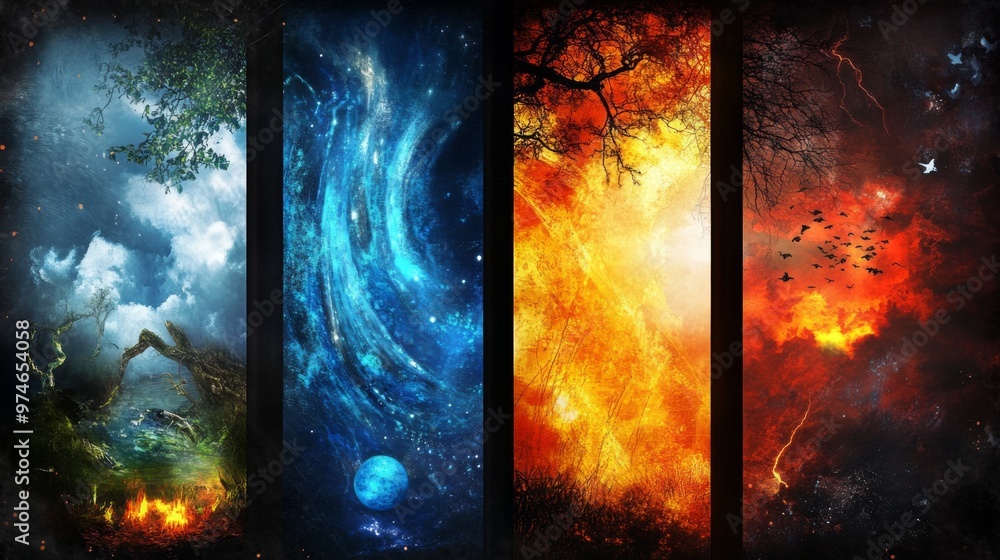 This vibrant and dynamic artwork illustrates the four elements of ...