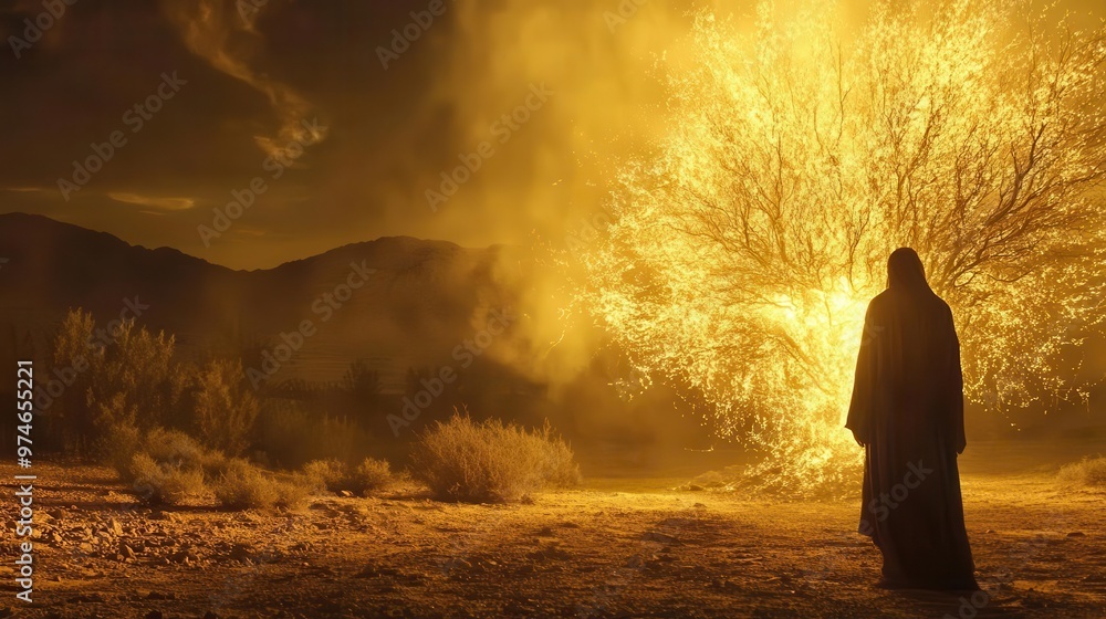 dramatic biblical scene depicting moses facing a luminous burning bush ...