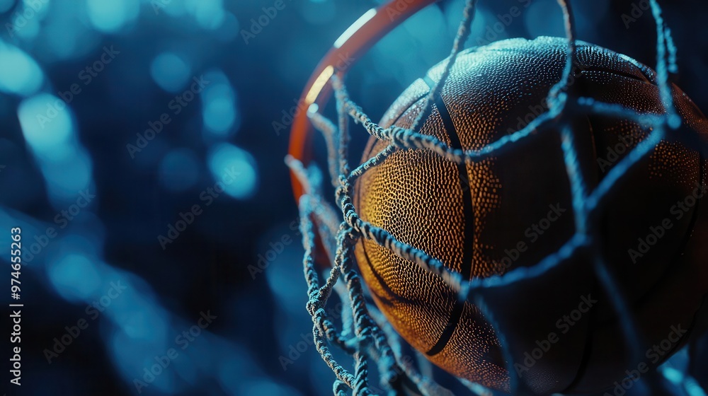 dramatic closeup of a basketball frozen in midair as it passes through ...