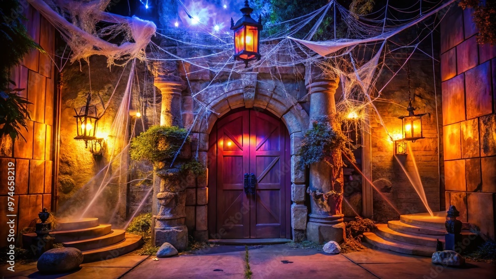 Spooky-themed event entrance with eerie lighting, cobweb-covered doors ...