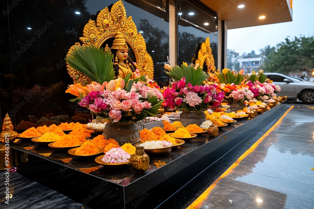 Navratri with elaborate Durga Puja setups, where devotees offer flowers ...
