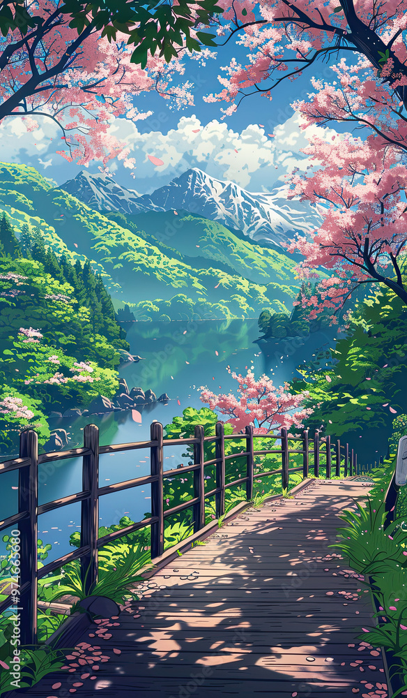 View on japanese garden from wooden terrace. Cartoon spring vector ...