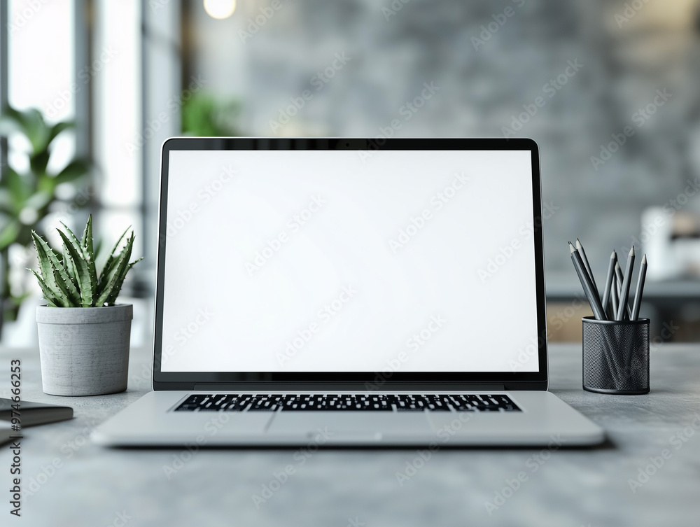 Laptop PC mock up template design on office workplace desk, white blank ...