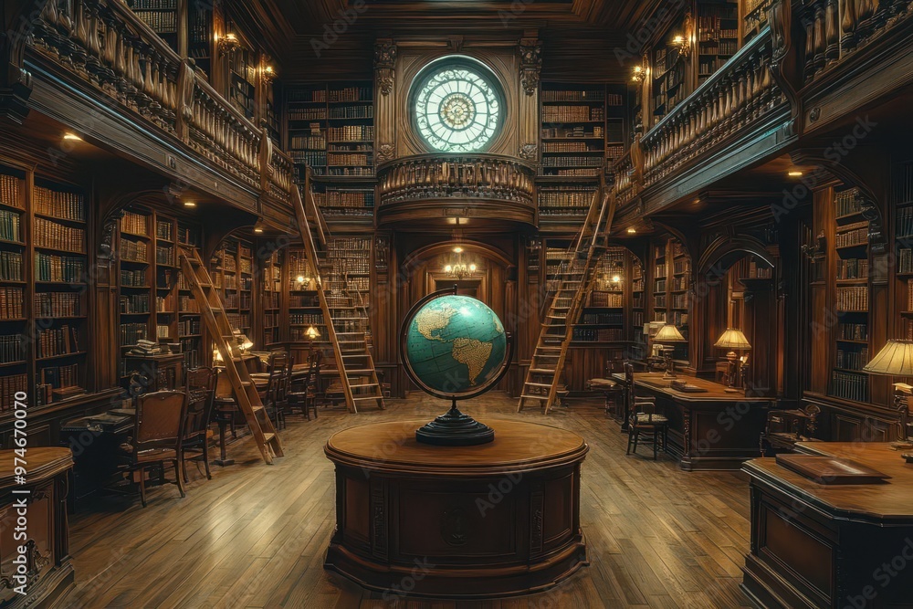 imposing law library with towering shelves of leatherbound books ornate ...