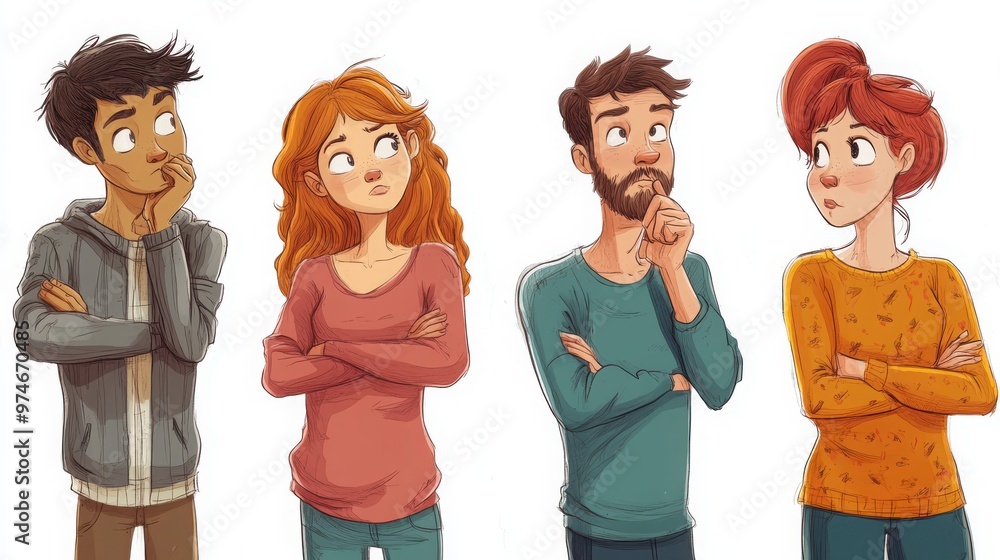 Several characters depicted in different thoughtful or questioning ...