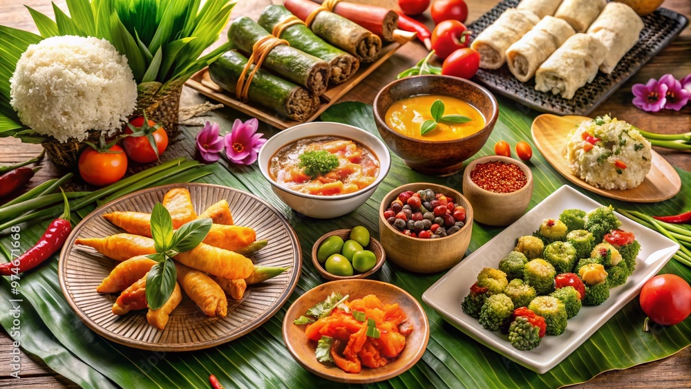 Vibrant arrangement of traditional Filipino-American dishes, including ...