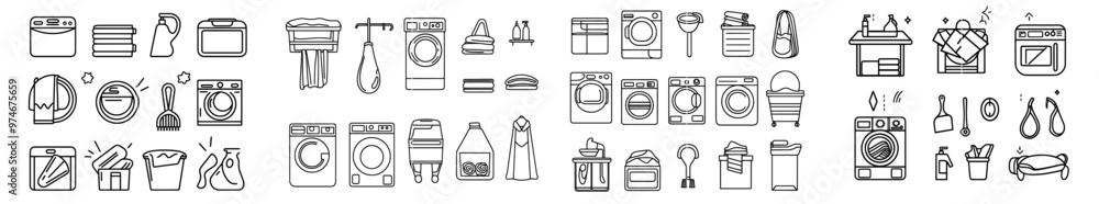Set of laundry icons, including icons for detergent, washing machine ...