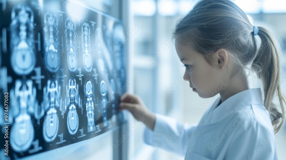 Young aspiring doctor examines medical scans, wearing a lab coat ...