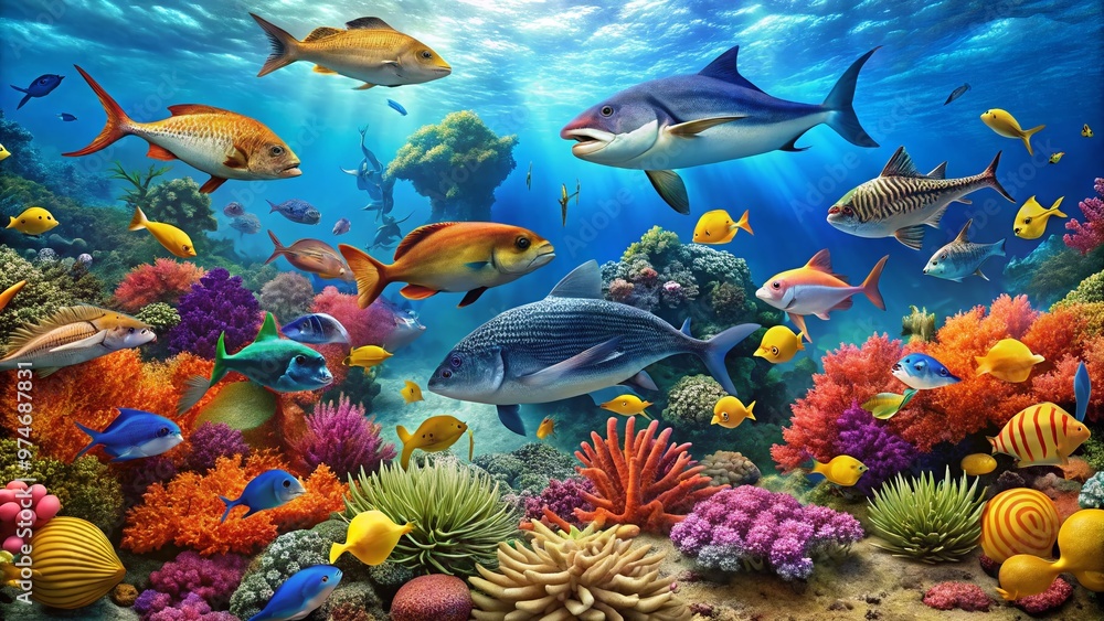 Vibrant coral reef ecosystem depicting schools of fish, seaweed, and ...