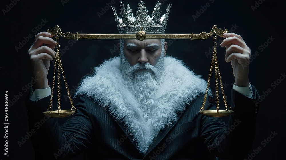 Royal Businessman Manipulating Justice, A crowned figure whimsically ...