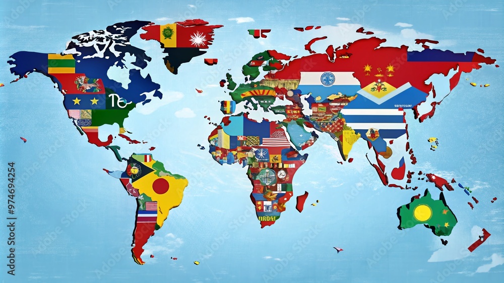 Vibrant flags of nearly 200 countries and territories overlay a ...