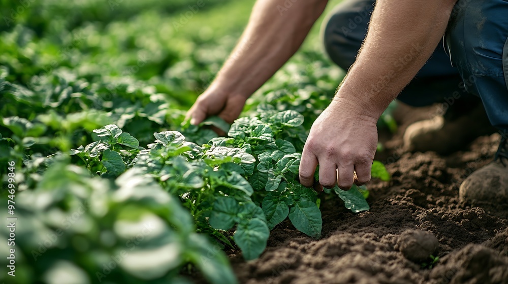 farmer checking quality potato crop plant health green potato tops ...