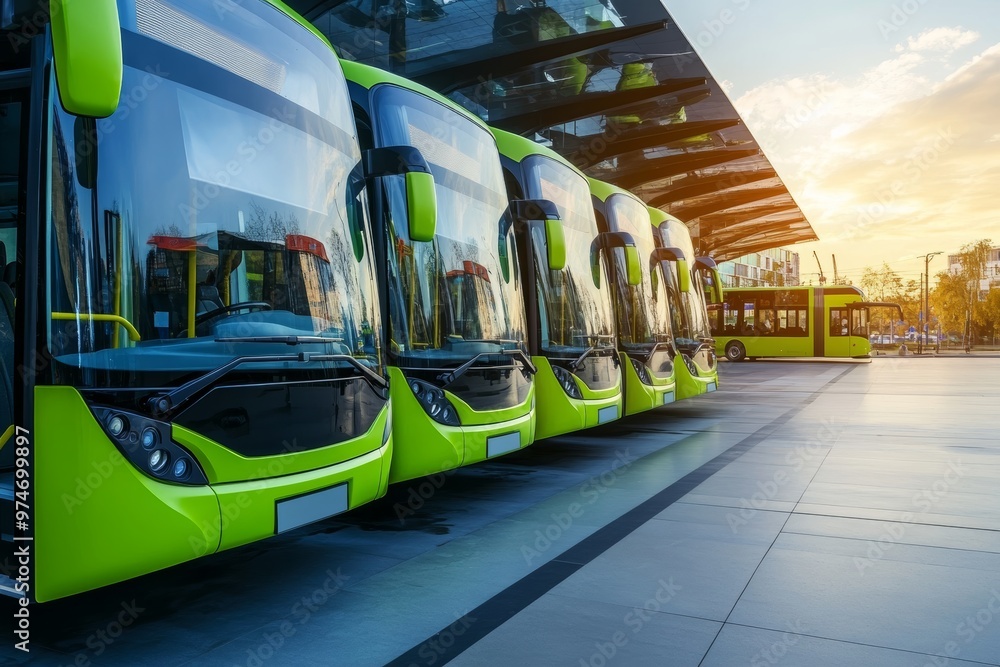 Eco friendly electric buses stationed in a modern urban transit hub for ...