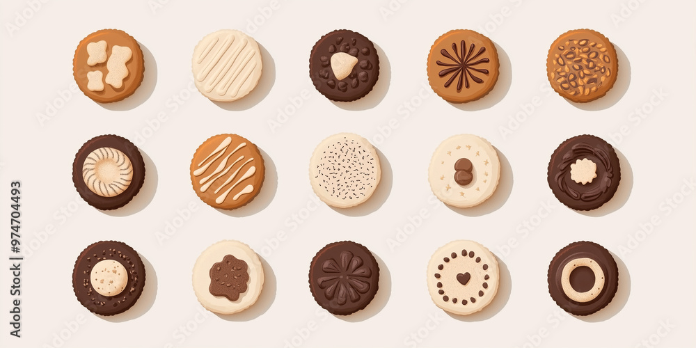 Collection of cookies with themed designs in rows on a flat surface ...