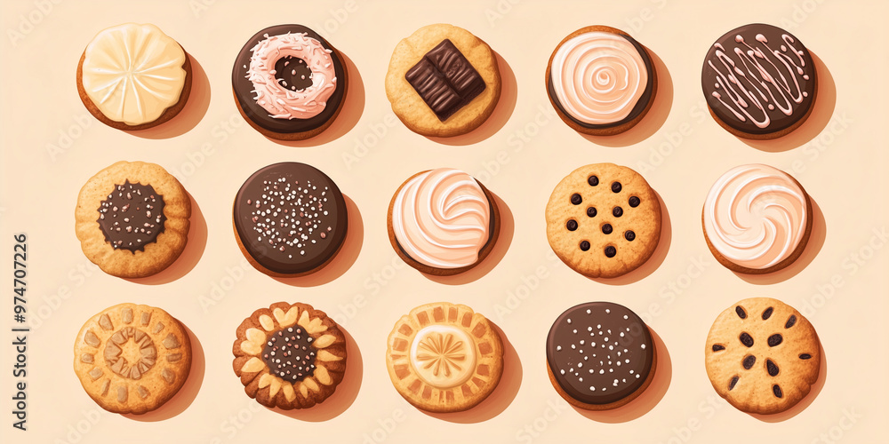 Selection of iced cookies in a symmetrical layout on a clean surface ...