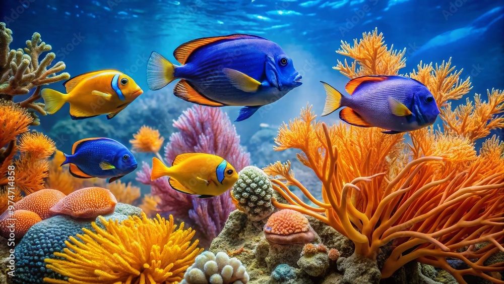 Vibrant orange and blue regal tang swim alongside iridescent blue and ...