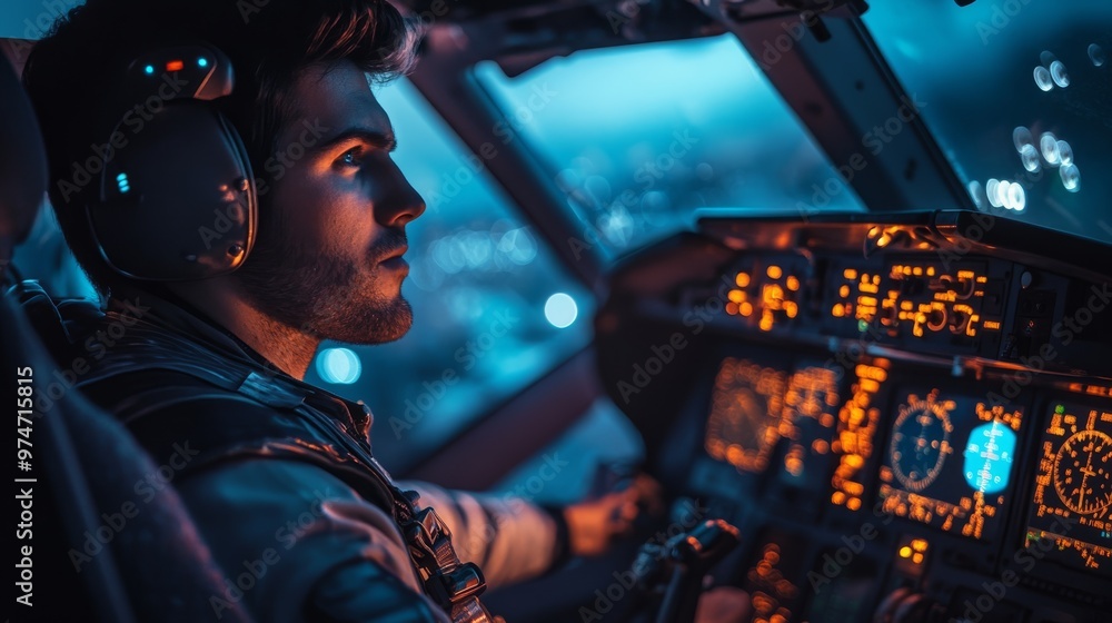 A pilot in the cockpit adjusting controls with the dashboard ...