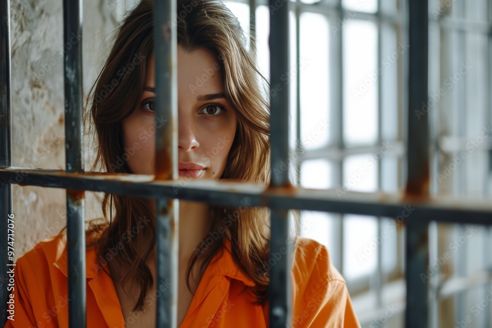 A female prisoner dressed in an orange uniform stares directly at the ...