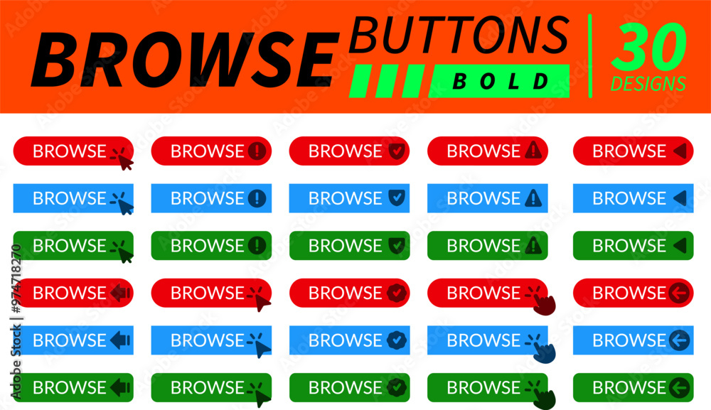 Complete set of browse buttons with hand pointer, arrow pointer and ...