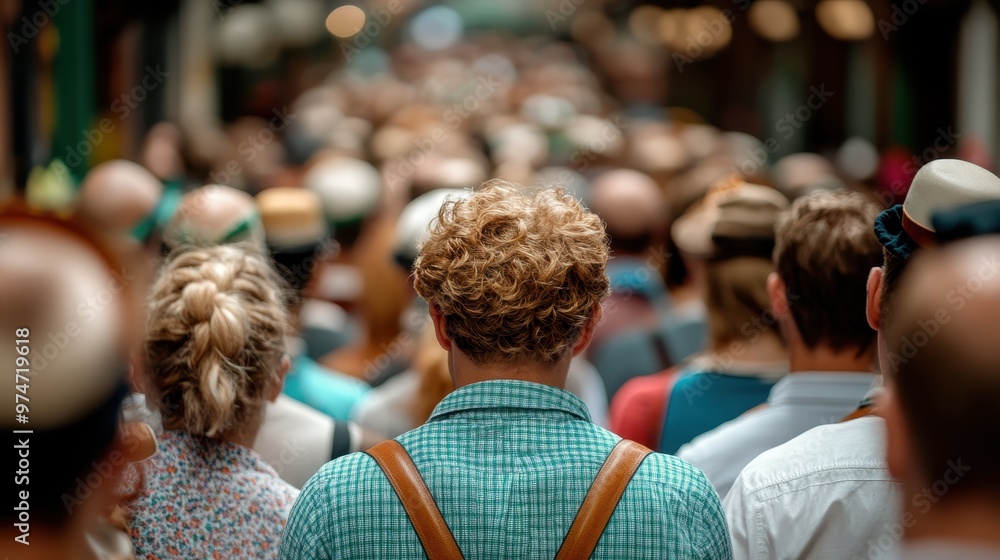 A dense crowd of people seen from behind is walking along a busy city ...