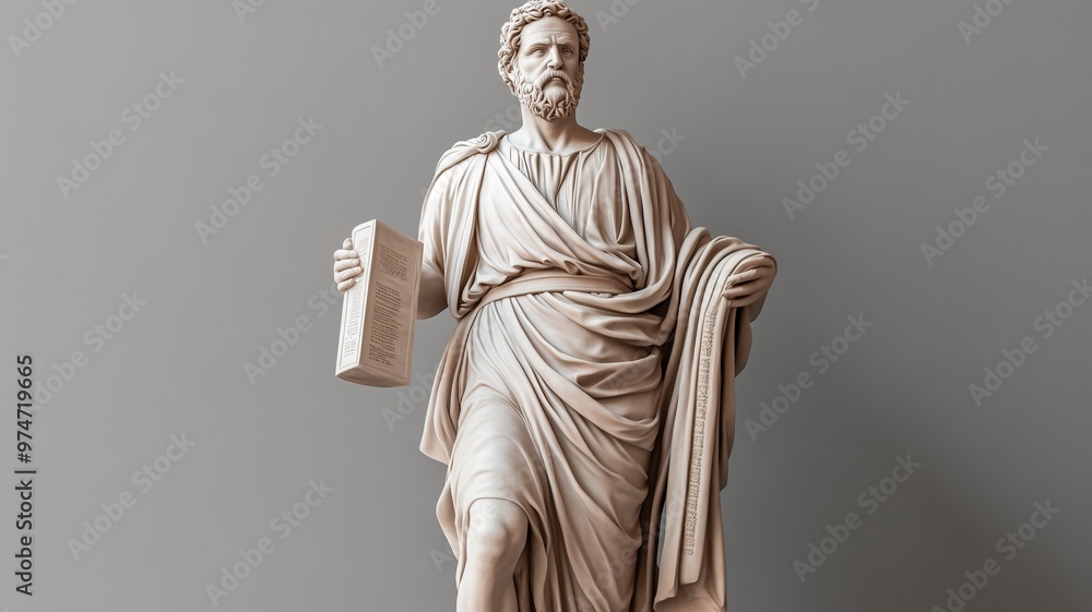 Statue of ancient Greek philosopher wearing toga, holding scrolls, gray ...