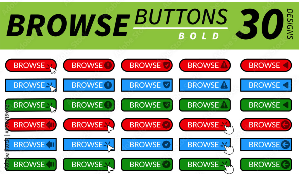 Complete set of professional browse buttons with hand pointer, arrow pointer and other related ...