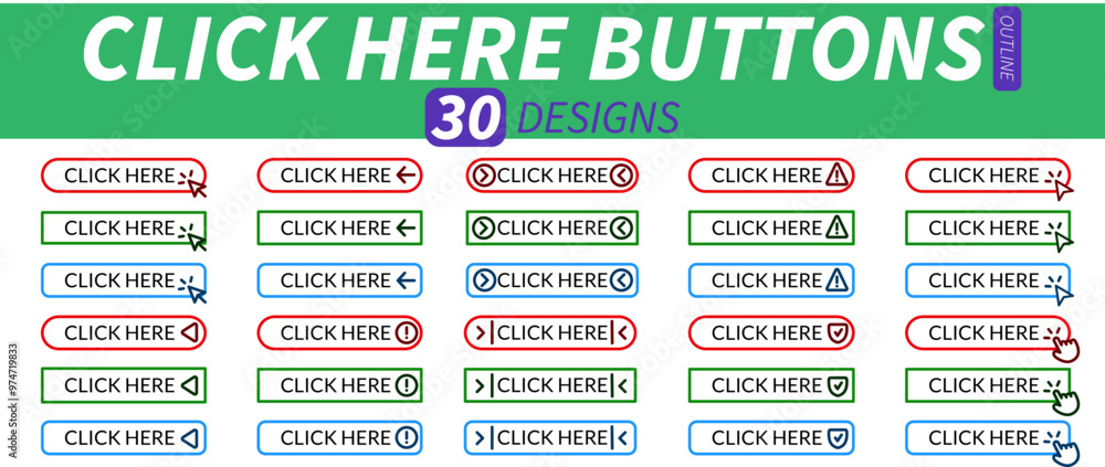 Complete set of professional click here buttons with hand pointer, arrow pointer and other ...
