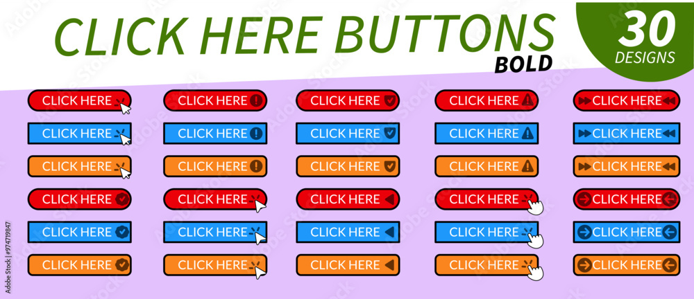 Complete set of professional click here buttons with hand pointer, arrow pointer and other ...