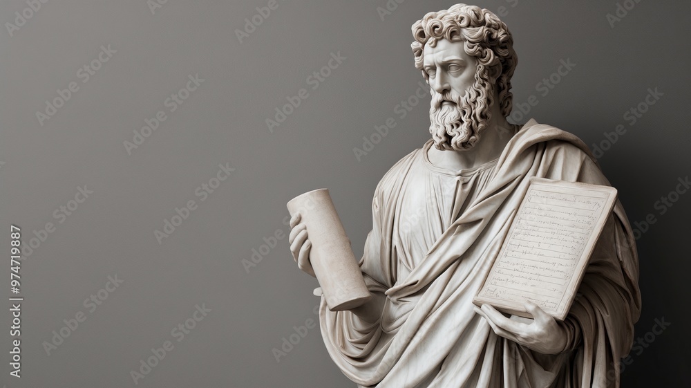 Statue of ancient Greek philosopher wearing toga, holding scrolls, gray ...
