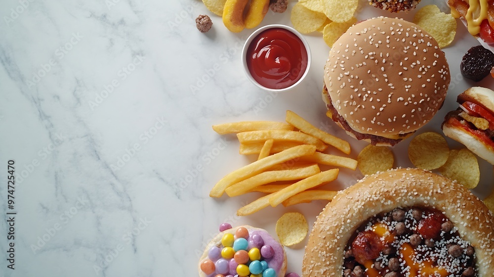 Junk food table scene scattered over a white marble background ...