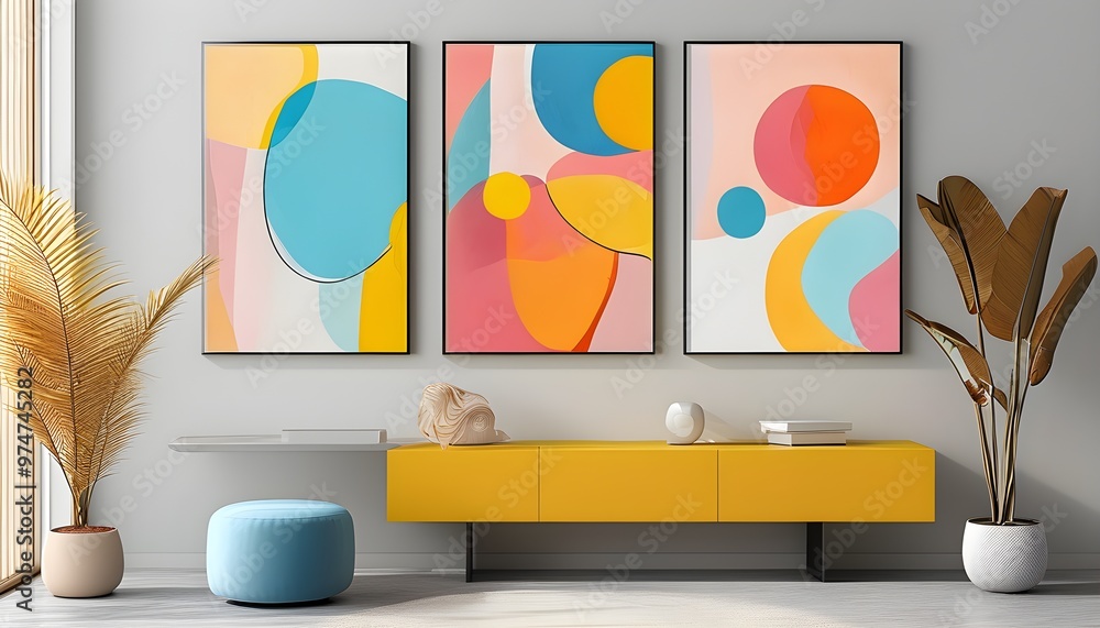 Minimalist abstract art display featuring three vibrant frames on a ...