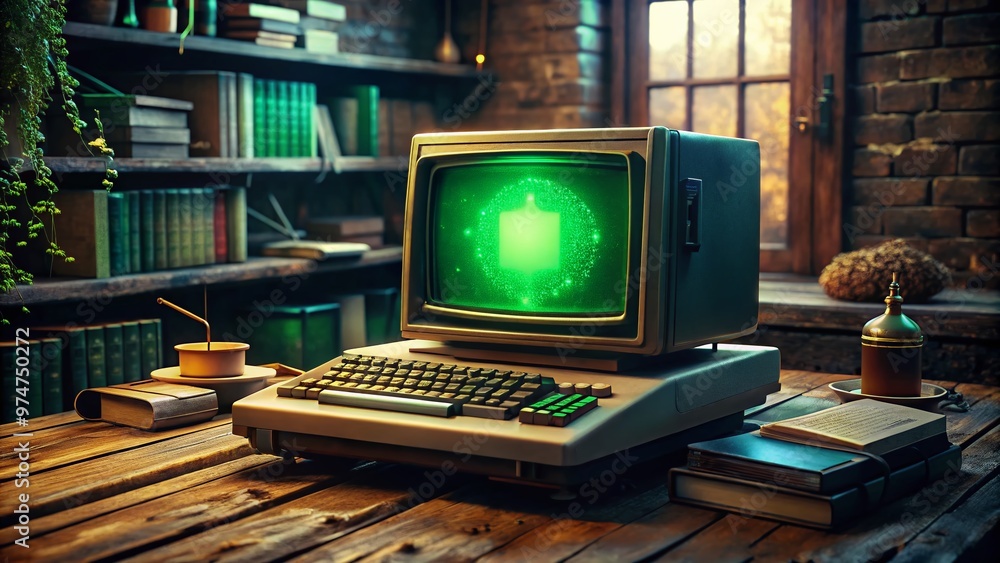 Vintage computer terminal with green phosphor screen displaying cryptic ...