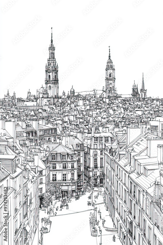 Lille, France, black and white pen pencil hand-drawn effect portrait ...