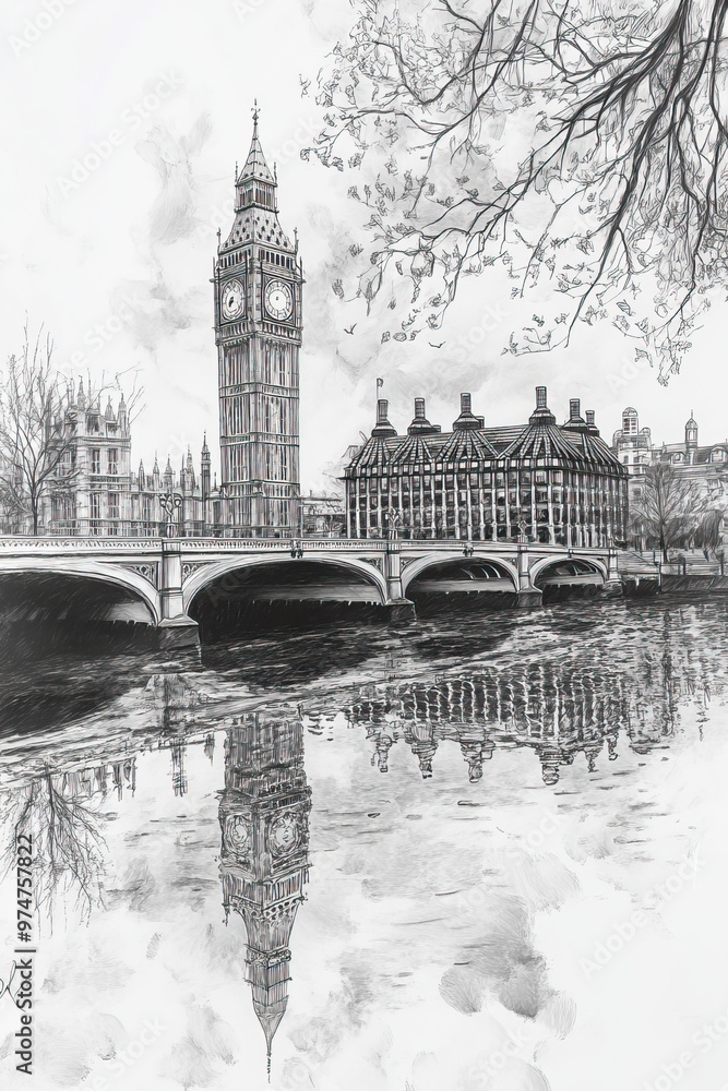 London, United Kingdom, black and white pen pencil hand-drawn effect ...