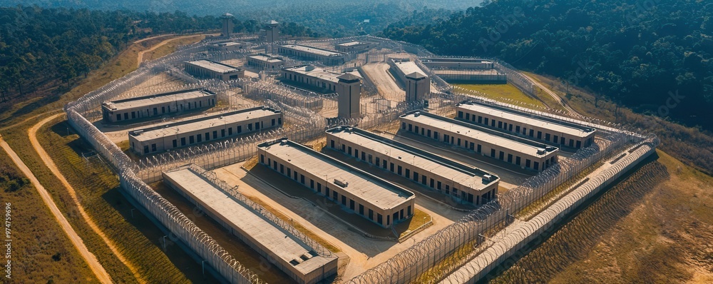Aerial view of a high-security prison complex, featuring multiple cell ...