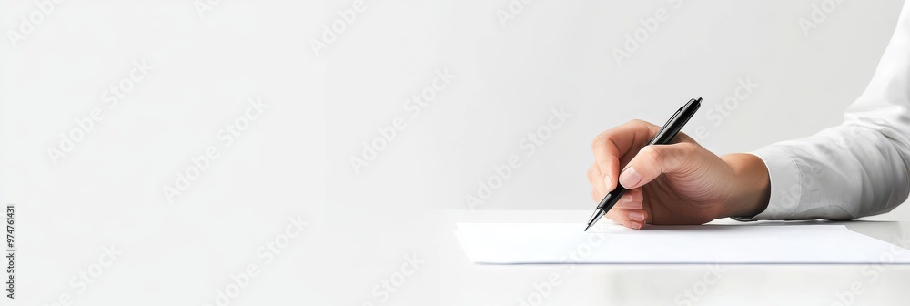person sitting at an office desk, holding a pen and paper for signing a ...
