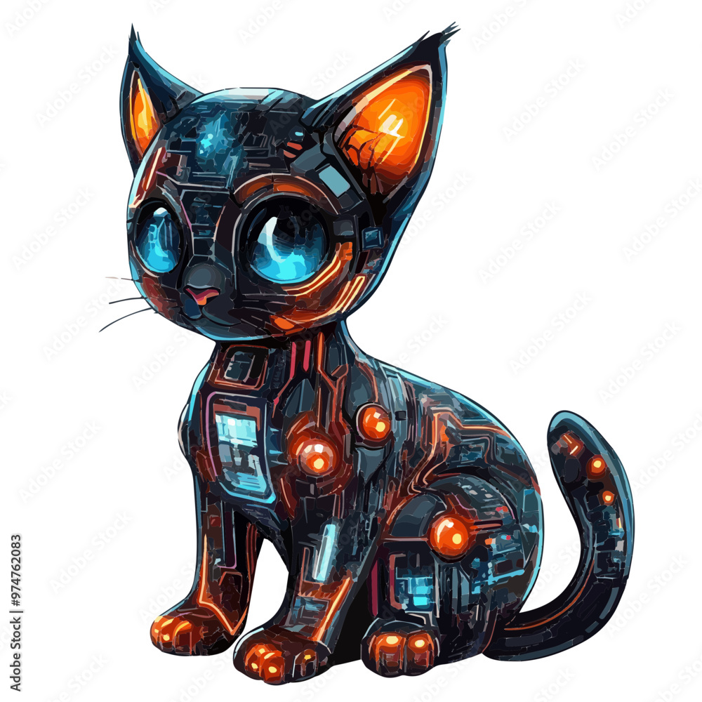 Adorable cyber cat vector with circuit board elements and neon colors ...