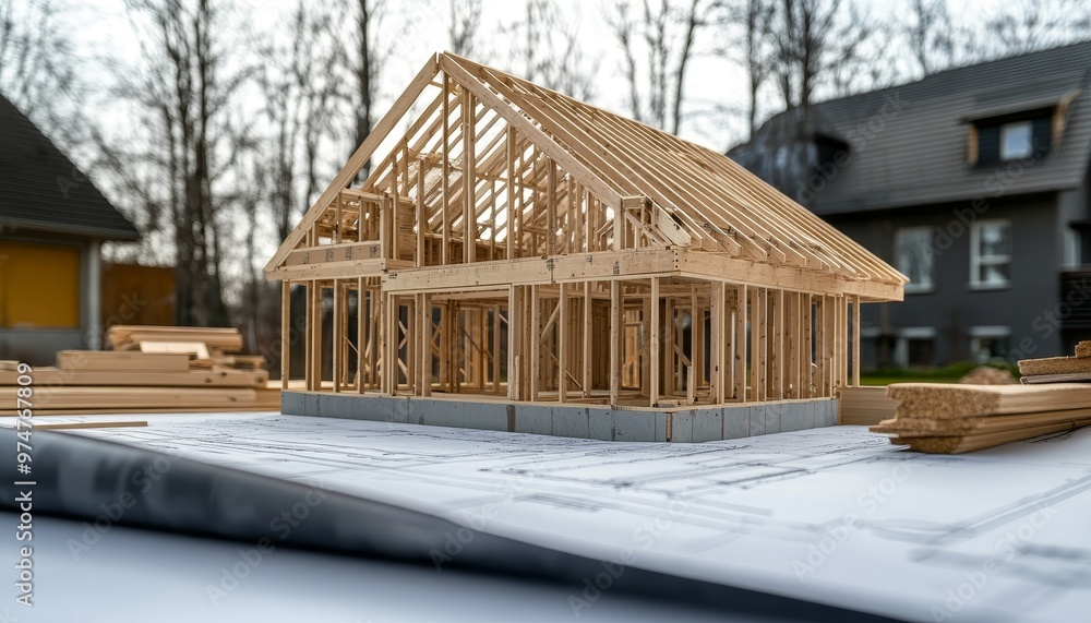 Construction drawings featuring the framework of a house with built ...