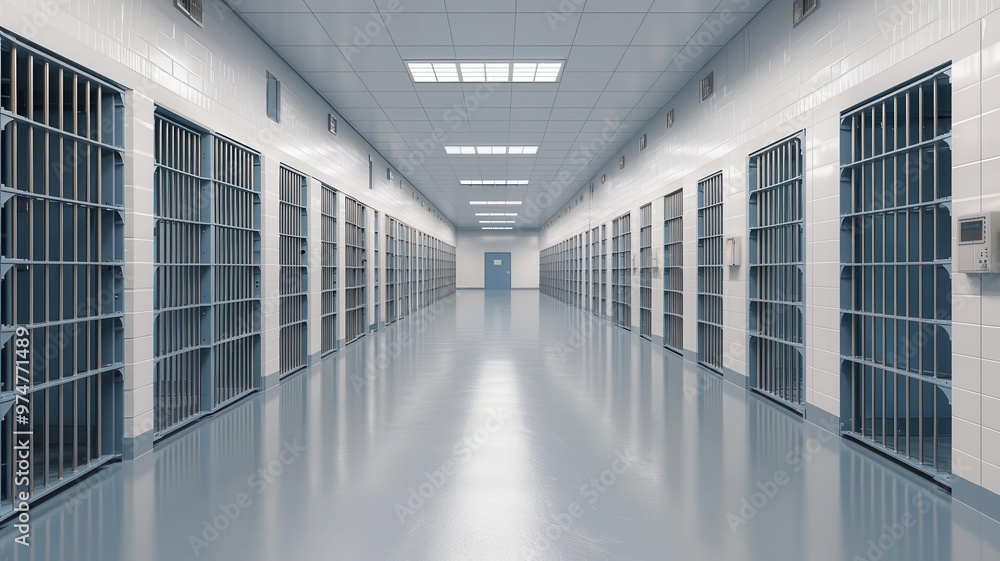 High-security prison interior, showcasing reinforced cell doors, metal ...
