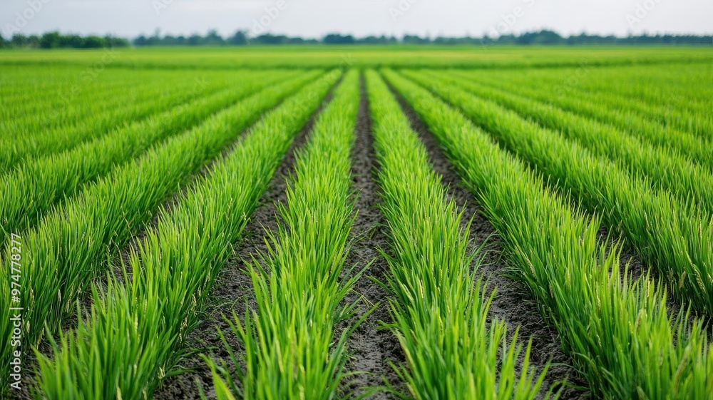 Rice fields in different stages of growth, from newly planted seedlings ...