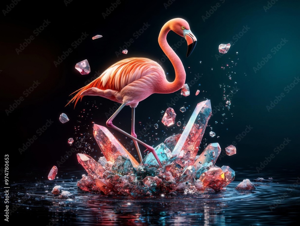 Flamingo in a witchs outfit, standing on one leg while performing a ...