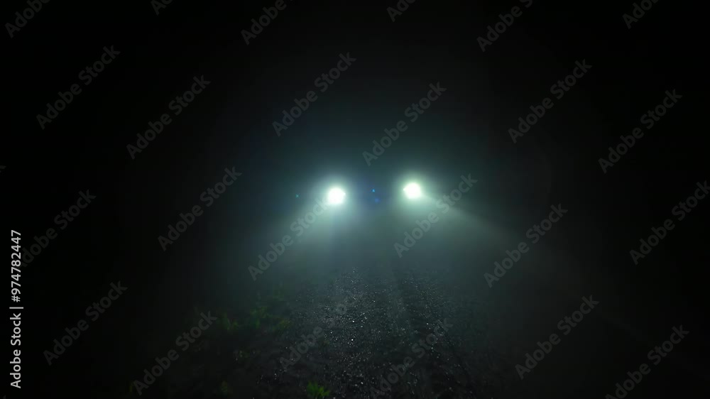 Vehicle front lights showing sparkling severe heavy fog particles ...