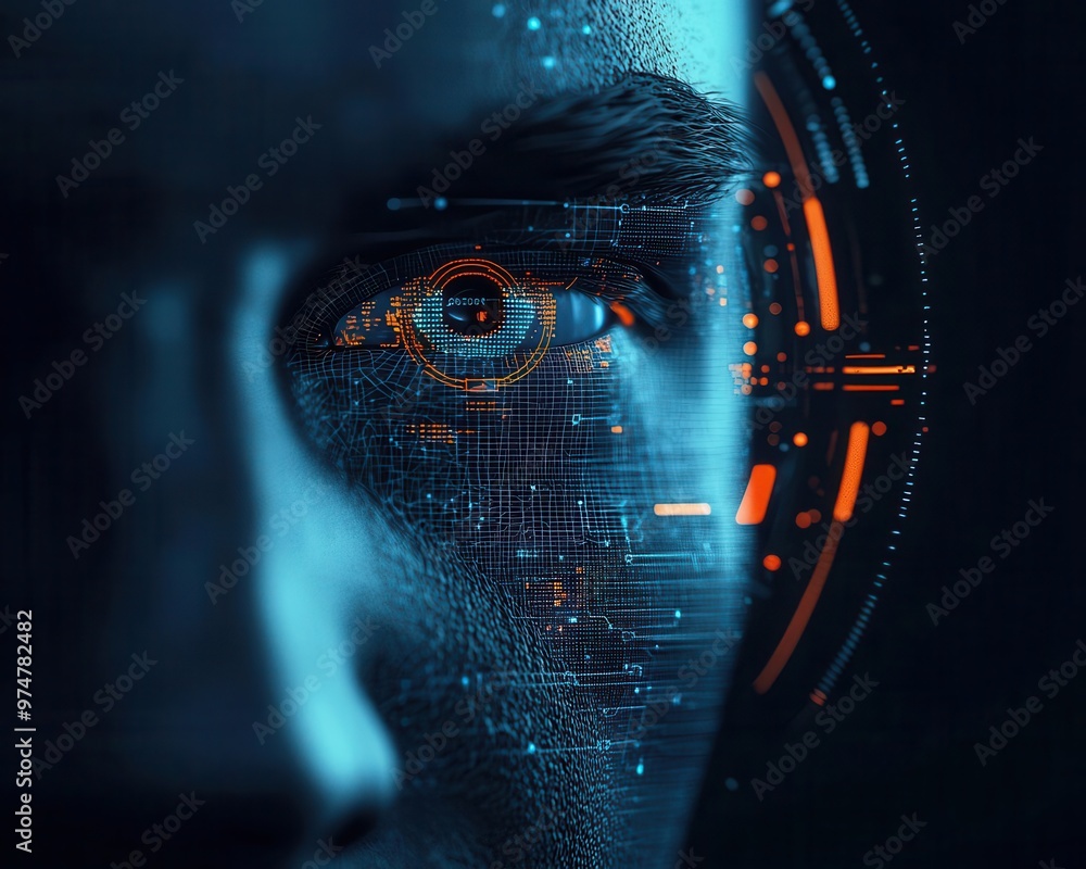 Biometric access, human face detection with futuristic UI overlay, 3D ...