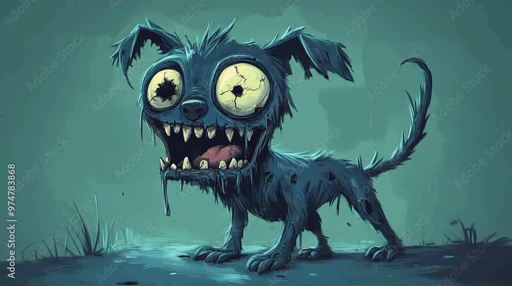 Cartoon zombie dog with one eye missing, playful grin, wagging tail ...