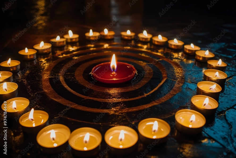 Minimalist circle of candles radiating warm light with focused ...