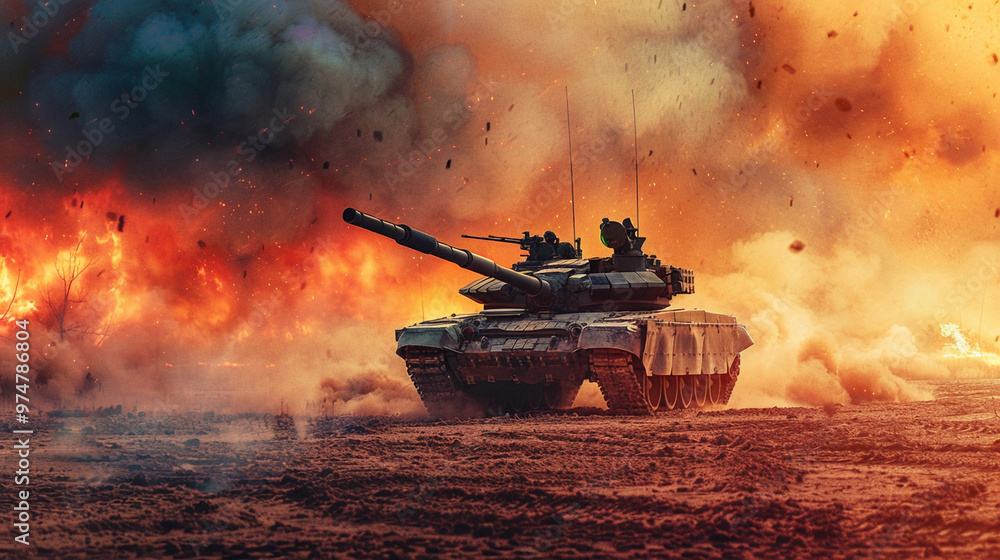 Armored tank crosses a mine field during war invasion epic scene of ...