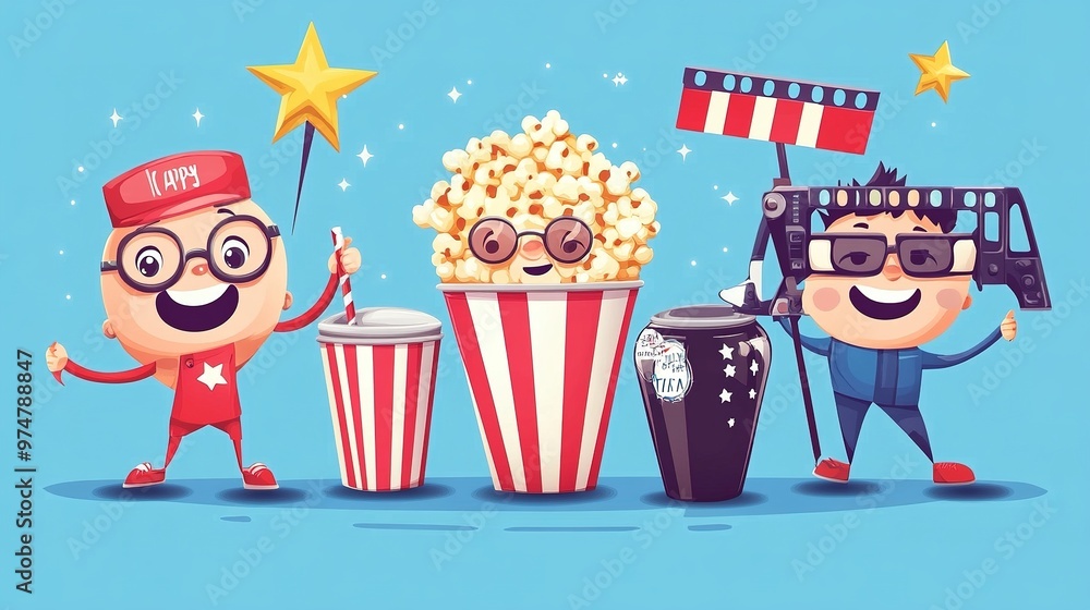 Cinema groovy cartoon characters. Comic retro vector set of movie ...